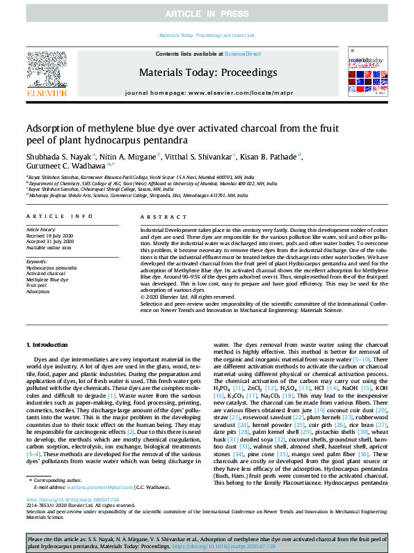 Adsorption of methylene blue dye over activated charcoal from the fruit ...