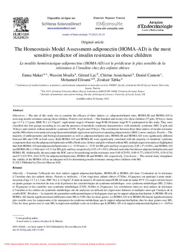 (PDF) The Homeostasis Model Assessment-adiponectin (HOMA-AD) is the ...
