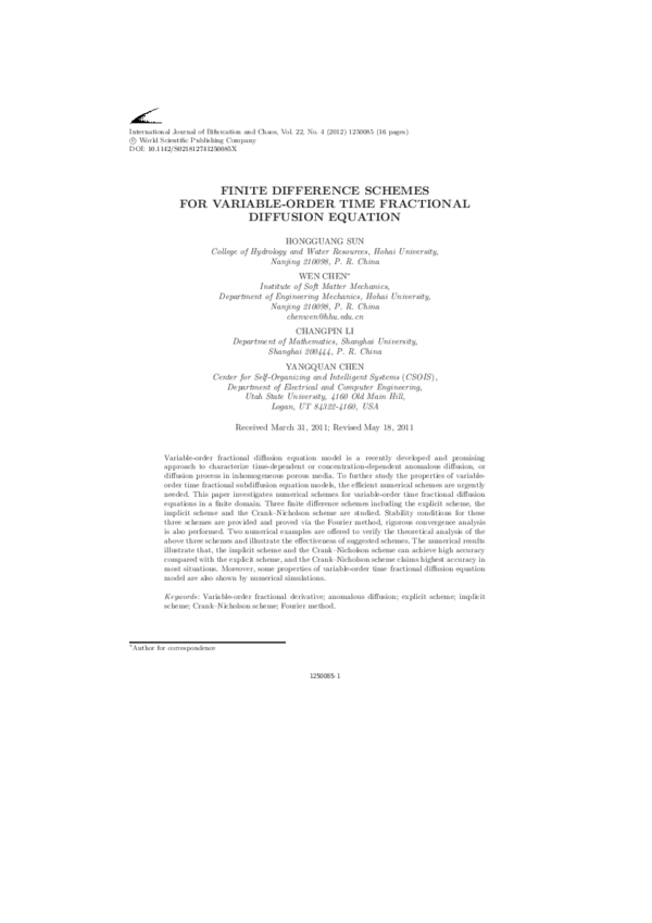 Pdf Finite Difference Schemes For Variable Order Time Fractional