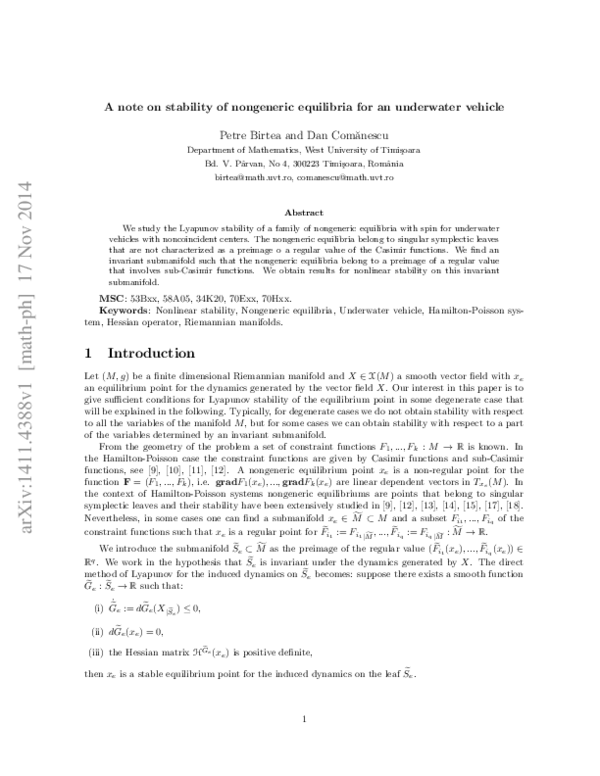 (PDF) A note on stability of nongeneric equilibria for an underwater ...