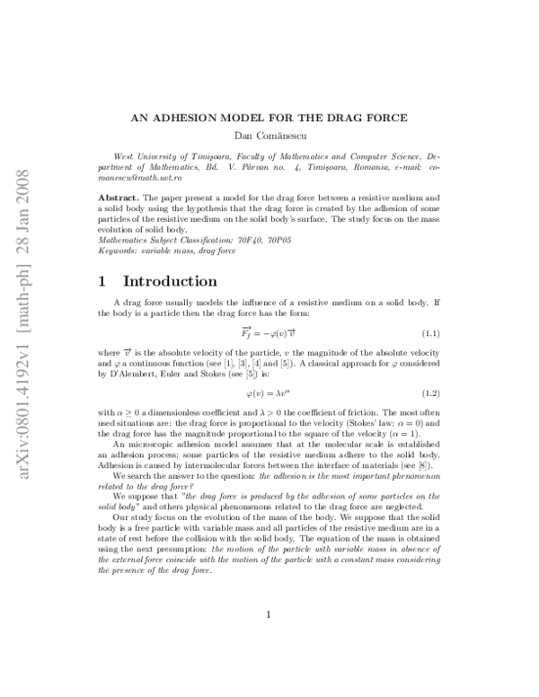 An Adhesion Model for the Drag Force