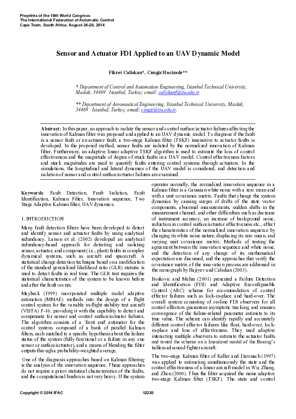 (PDF) Sensor and Actuator FDI Applied to an UAV Dynamic Model
