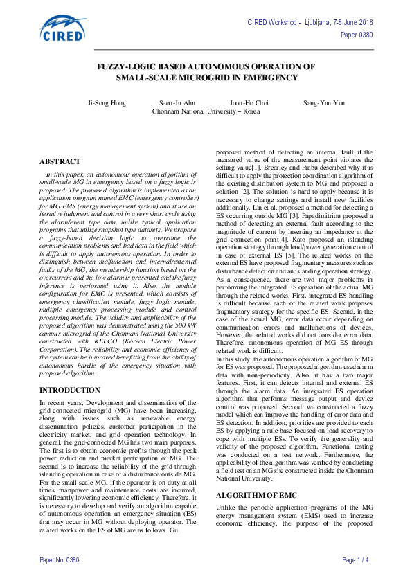 (PDF) Fuzzy-logic based Autonomous Operation of Small-scale Microgrid in Emergency