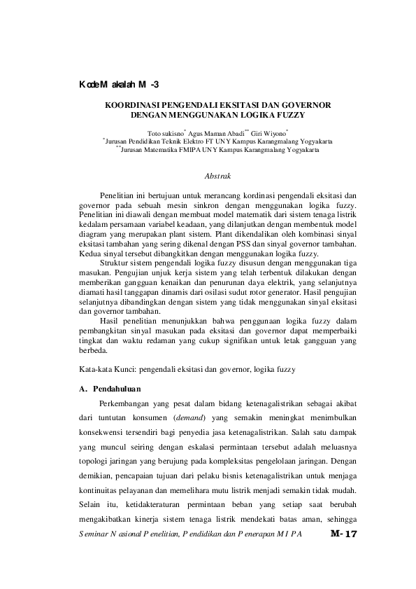 (PDF) Koordinasi Pengendali Eksitasi Dan Governordengan Menggunakan Logika Fuzzy