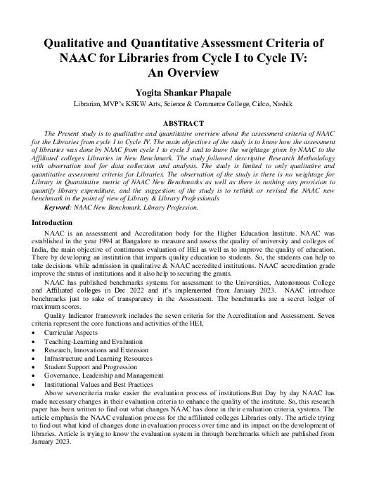 (PDF) Qualitative and Quantitative Assessment Criteria of NAAC for Libraries from Cycle I to ...