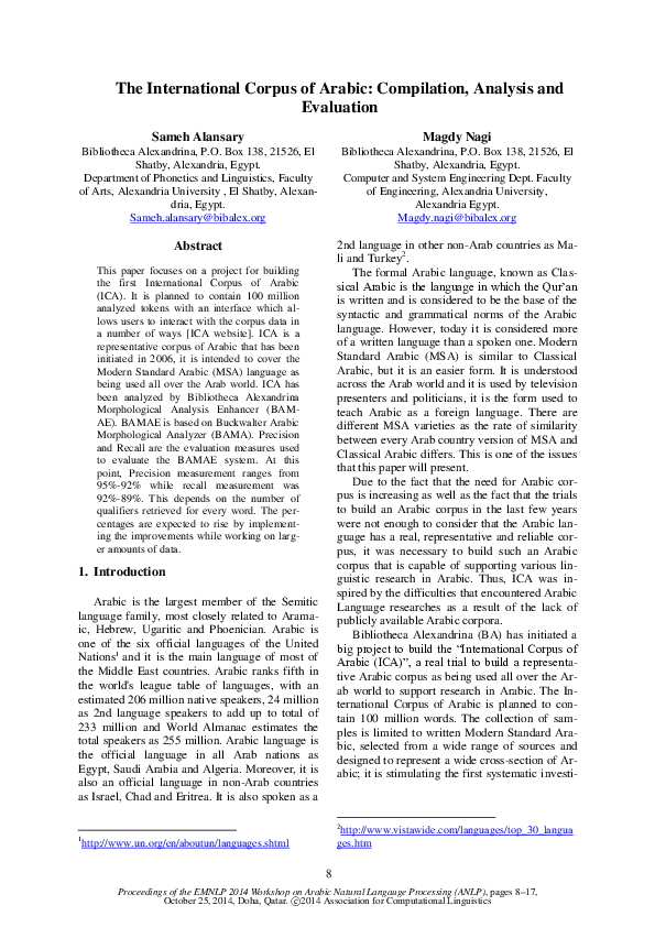 The International Corpus of Arabic: Compilation, Analysis and Evaluation