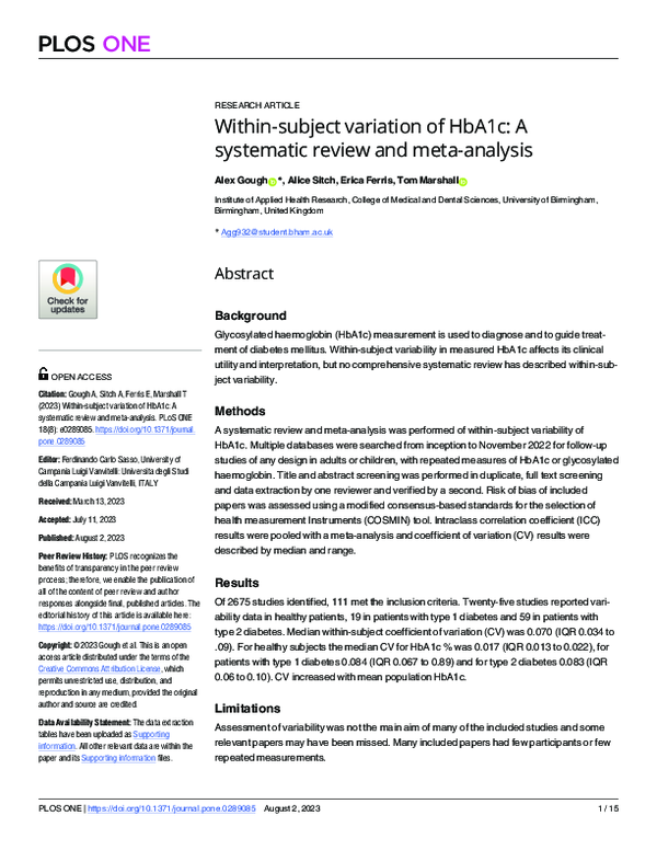 Within-subject variation of HbA1c: A systematic review and meta-analysis