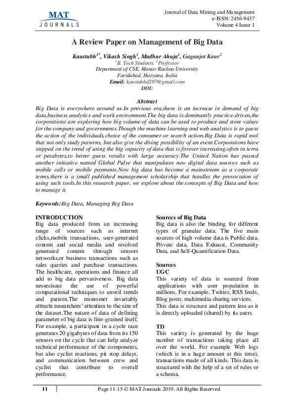 (PDF) A Review Paper on Management of Big Data