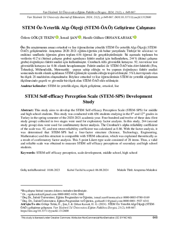 (PDF) STEM Self-efficacy Perception Scale (STEM-SPS) Development Study