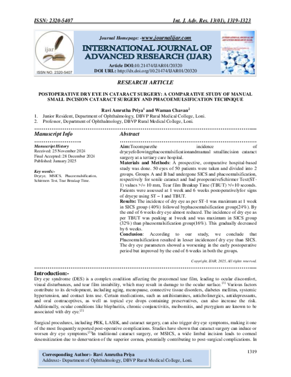 (PDF) POSTOPERATIVE DRY EYE IN CATARACT SURGERY: A COMPARATIVE STUDY OF ...