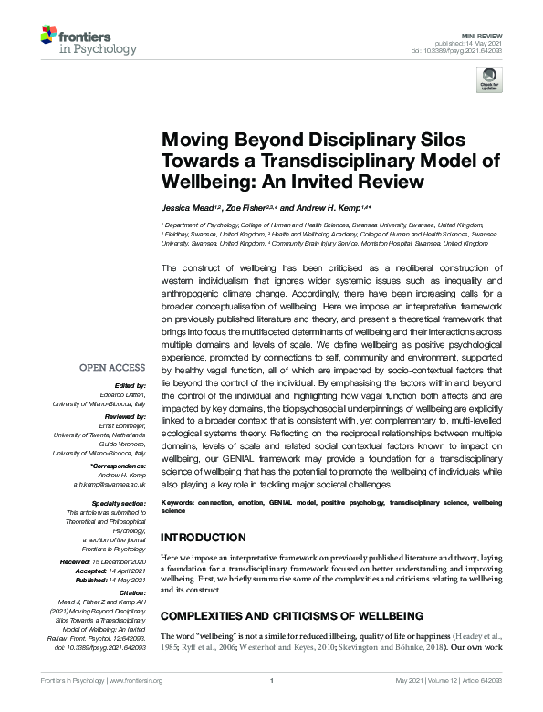 (PDF) Moving Beyond Disciplinary Silos Towards a Transdisciplinary Model of Wellbeing: An ...