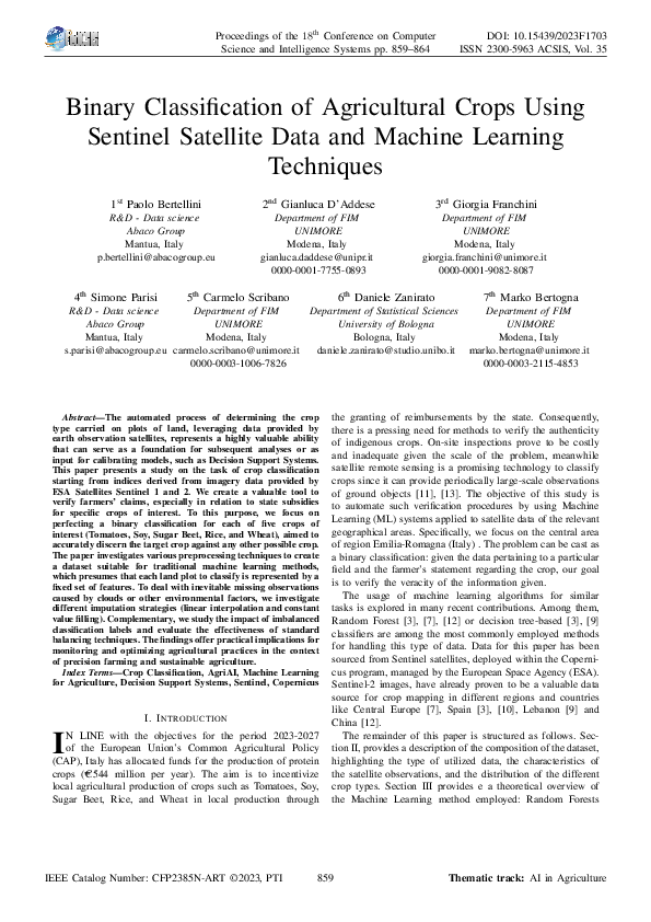 (PDF) Binary Classification of Agricultural Crops Using Sentinel Satellite Data and Machine ...