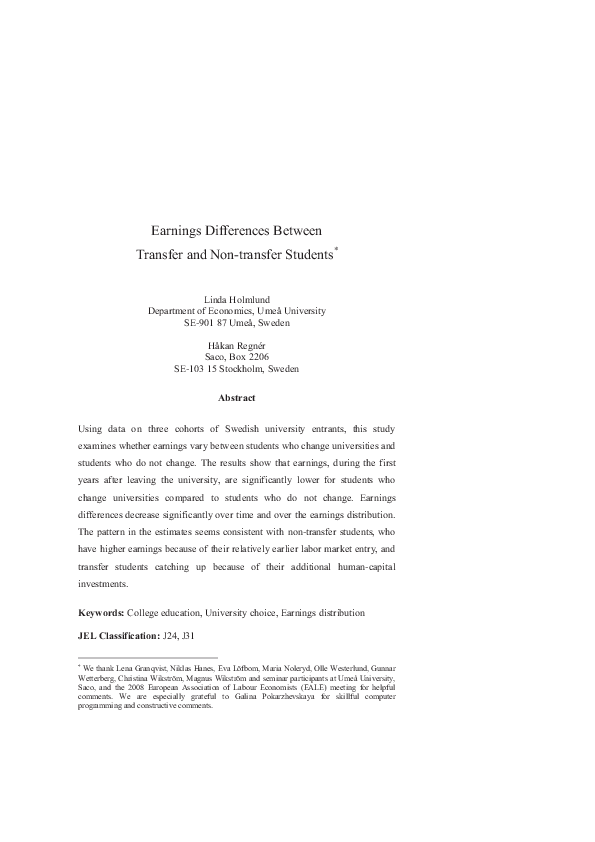 (PDF) Earnings Differences Between Transfer and Non-transfer Students