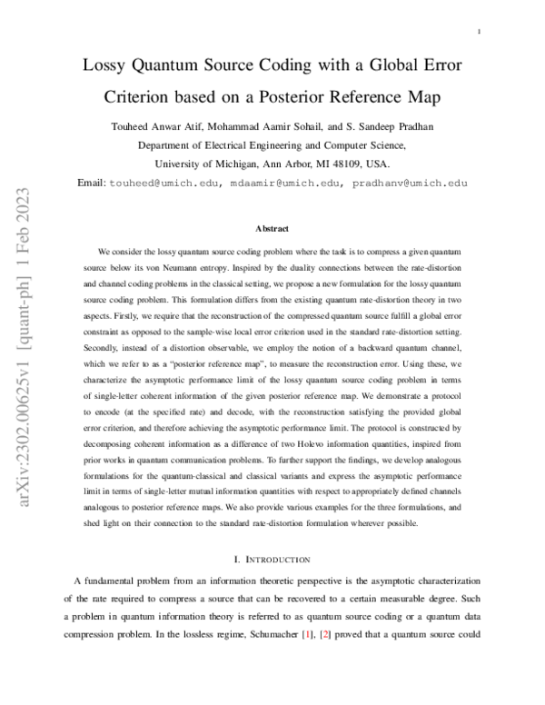 (PDF) Lossy Quantum Source Coding with a Global Error Criterion based on a Posterior Reference Map