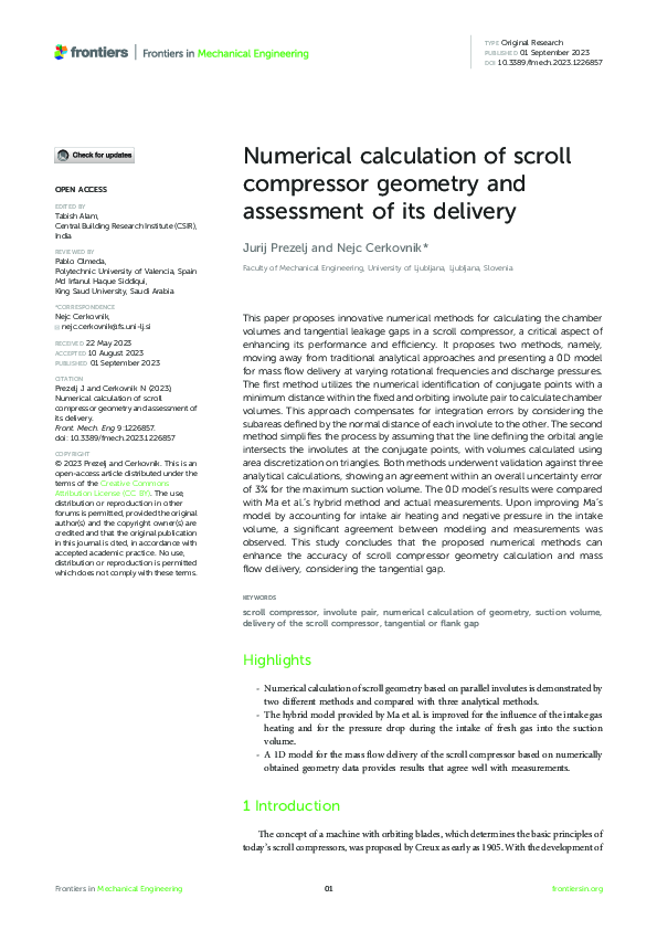 (PDF) Numerical calculation of scroll compressor geometry and assessment of its delivery