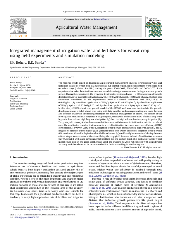 (PDF) Integrated management of irrigation water and fertilizers for wheat crop using field ...