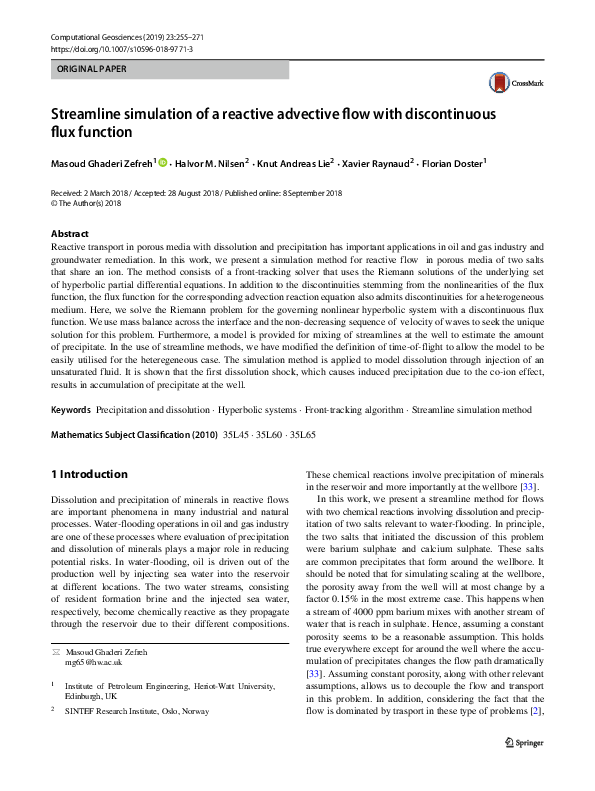 Streamline simulation of a reactive advective flow with discontinuous flux function