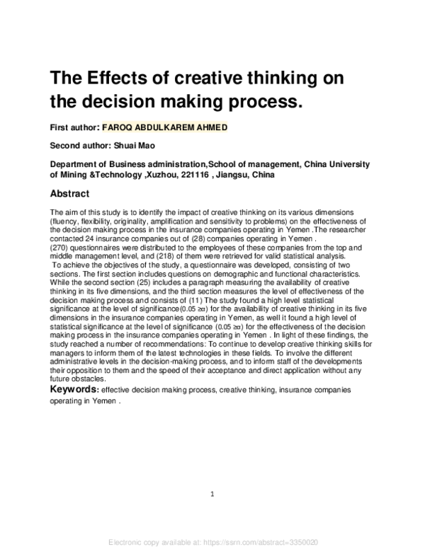 (PDF) The Effects of Creative Thinking on the Decision Making Process