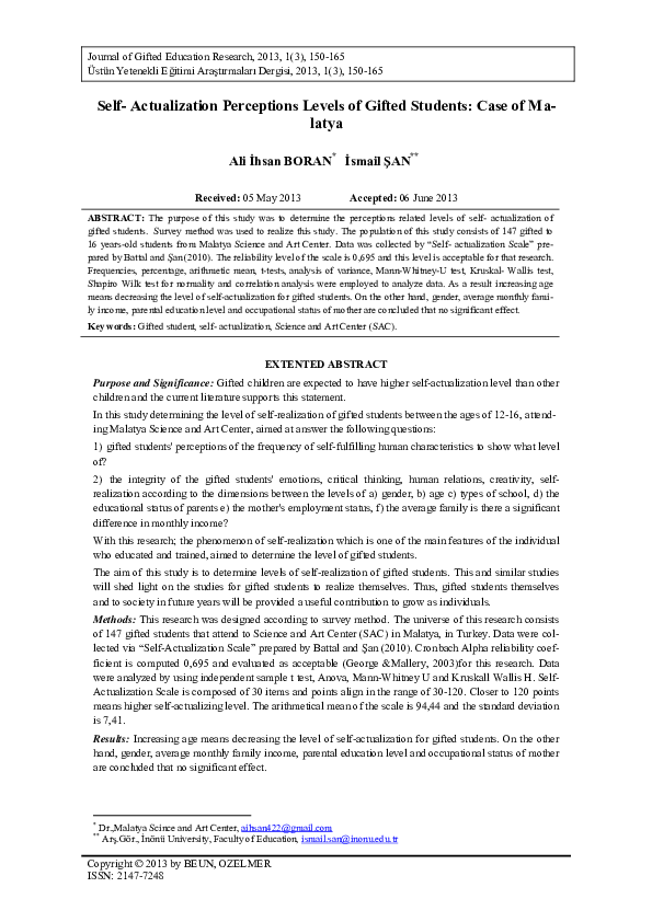 (PDF) Self- Actualization Perceptions Levels of Gifted Students: Case of Malatya