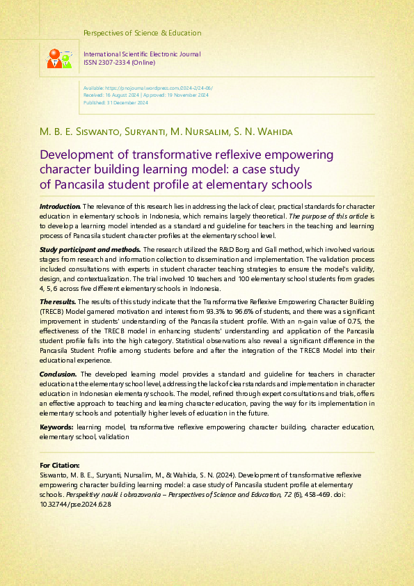 Development of transformative reflexive empowering character building learning model: a case ...