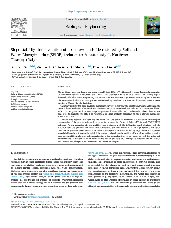 (PDF) Slope stability time evolution of a shallow landslide restored by Soil and Water ...