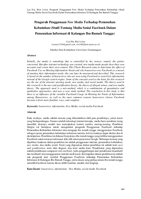 (PDF) Pengaruh Penggunaan New Media Terhadap Pemenuhan Kebutuhan (Studi Tentang Media Sosial ...