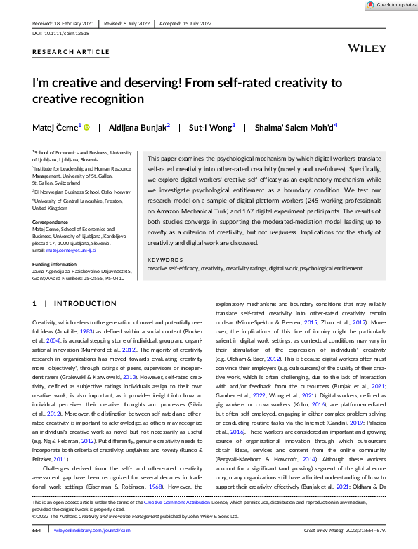 (PDF) I'm creative and deserving! From self‐rated creativity to ...