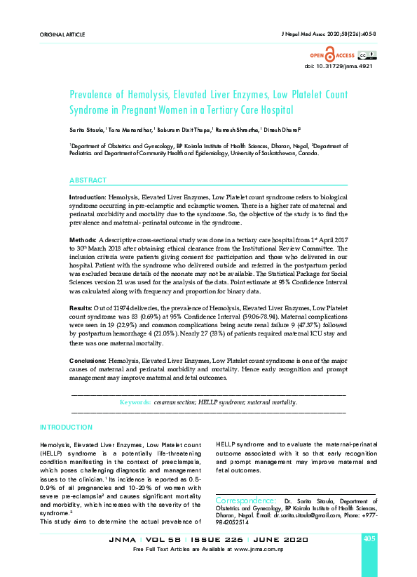 (PDF) Prevalence of Hemolysis, Elevated Liver Enzymes, Low Platelet ...