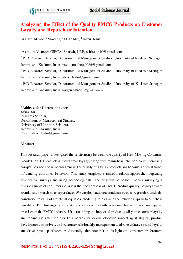 (PDF) Analyzing the Effect of the Quality FMCG Products on Customer ...