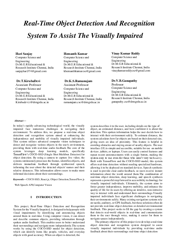 (PDF) Real-Time Object Detection And Recognition System To Assist The Visually Impaired