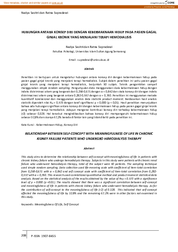 (PDF) Hubungan Antara Konsep Diri Dengan Kebermaknaan Hidup Pada Pasien Gagal Ginjal Kronik Yang ...