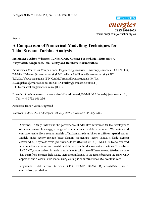 (PDF) A Comparison of Numerical Modelling Techniques for Tidal Stream Turbine Analysis