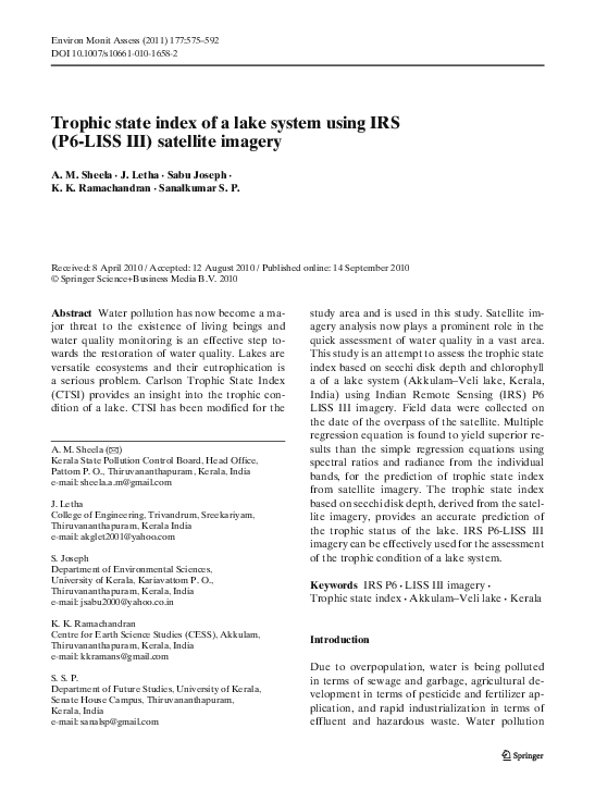 Trophic state index of a lake system using IRS (P6-LISS III) satellite ...