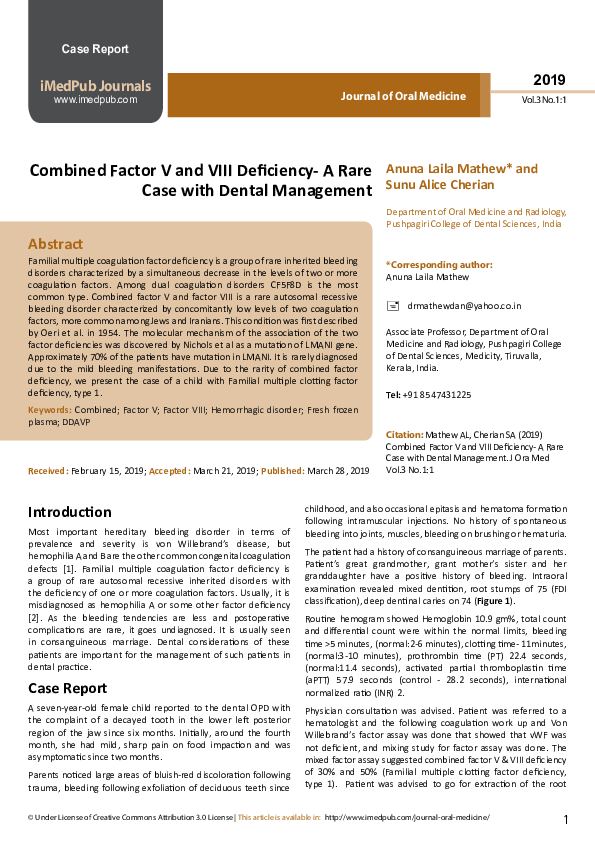 (PDF) Combined Factor V and VIII Deficiency- A Rare Case with Dental ...