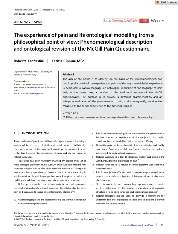 (PDF) The experience of pain and its ontological modelling from a ...