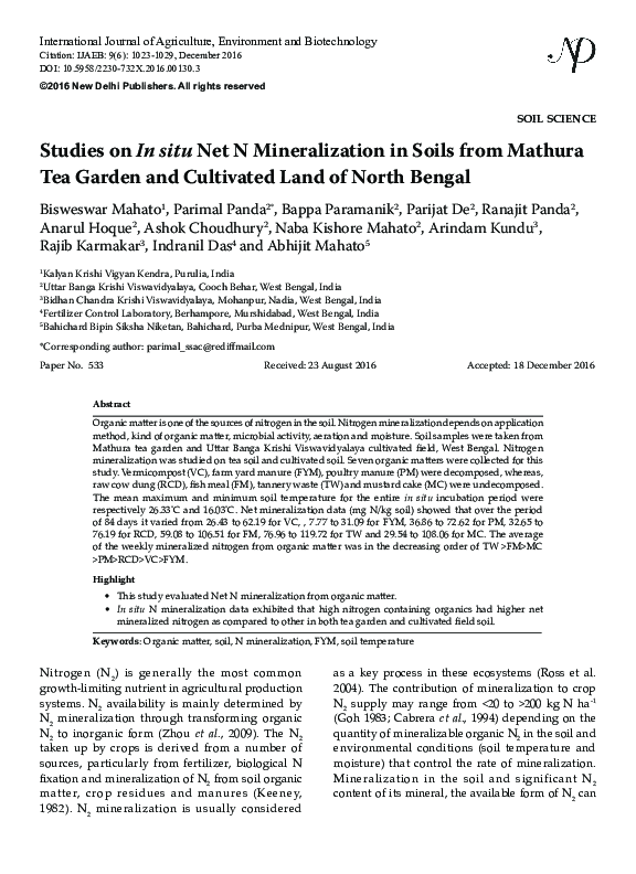 (PDF) Studies on In situ Net N Mineralization in Soils from Mathura Tea ...
