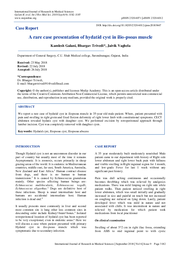 (PDF) A rare case presentation of hydatid cyst in ilio-psoas muscle