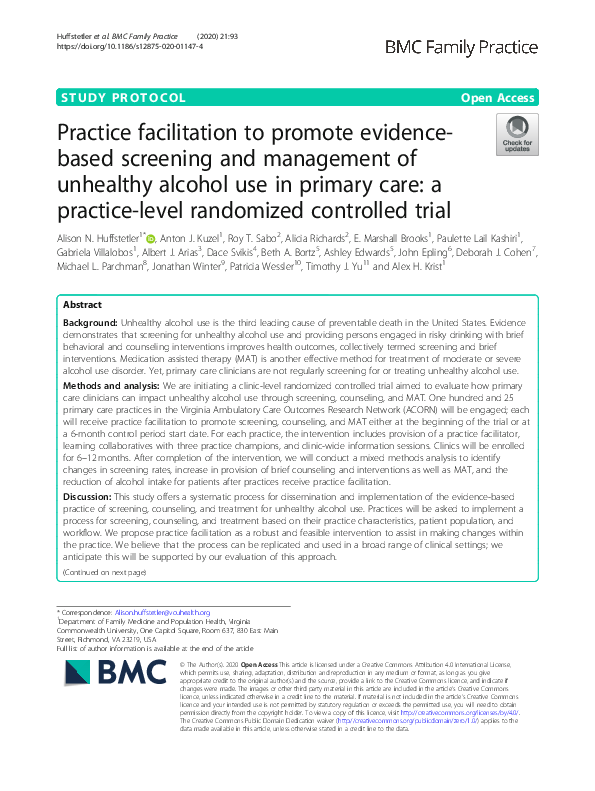 (PDF) Practice facilitation to promote evidence-based screening and management of unhealthy ...