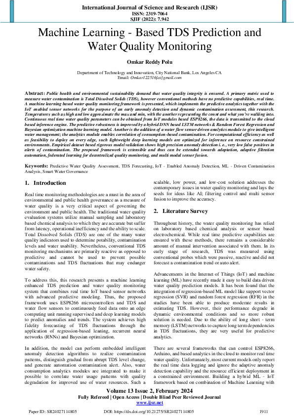 (PDF) Machine Learning -Based TDS Prediction and Water Quality Monitoring