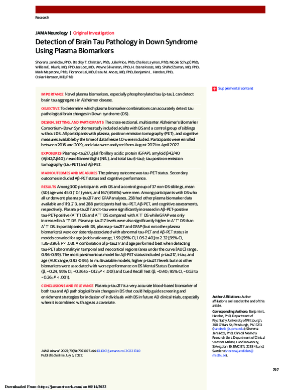 (PDF) Detection of Brain Tau Pathology in Down Syndrome Using Plasma Biomarkers