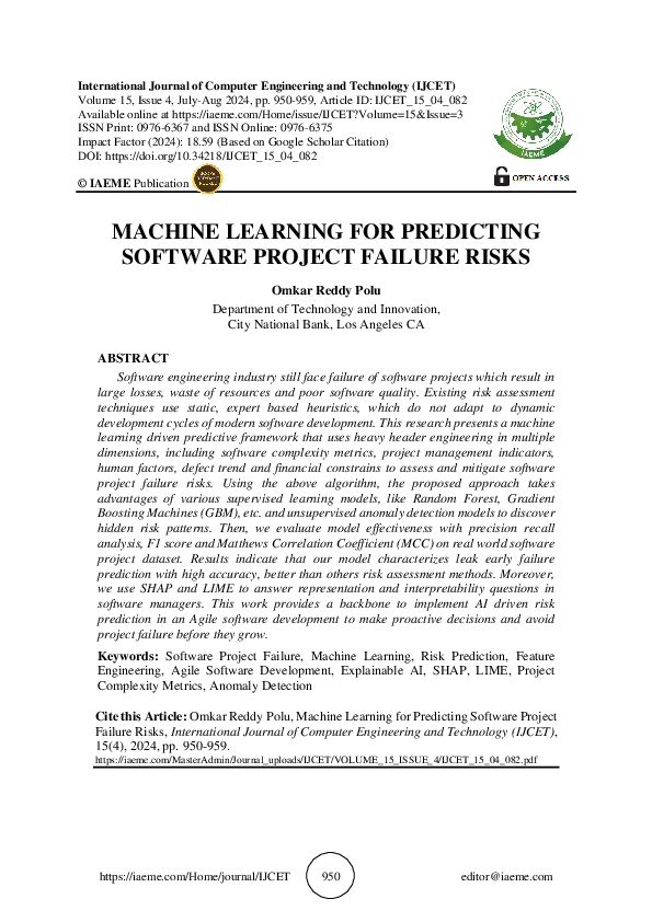 (PDF) MACHINE LEARNING FOR PREDICTING SOFTWARE PROJECT FAILURE RISKS