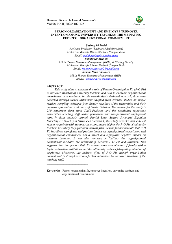 (PDF) PERSON-ORGANIZATION FIT AND EMPLOYEE TURNOVER INTENTION AMONG UNIVERSITY TEACHERS: THE ...