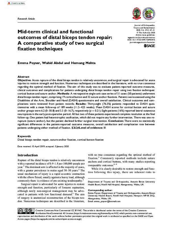 (PDF) Mid-term clinical and functional outcomes of distal biceps tendon ...