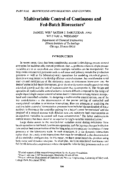 (PDF) Multivariable Control of Continuous and Fed‐Batch Bioreactorsa