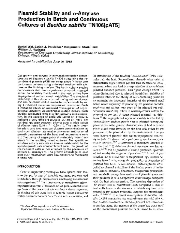 (PDF) Plasmid stability and α‐amylase production in batch and ...