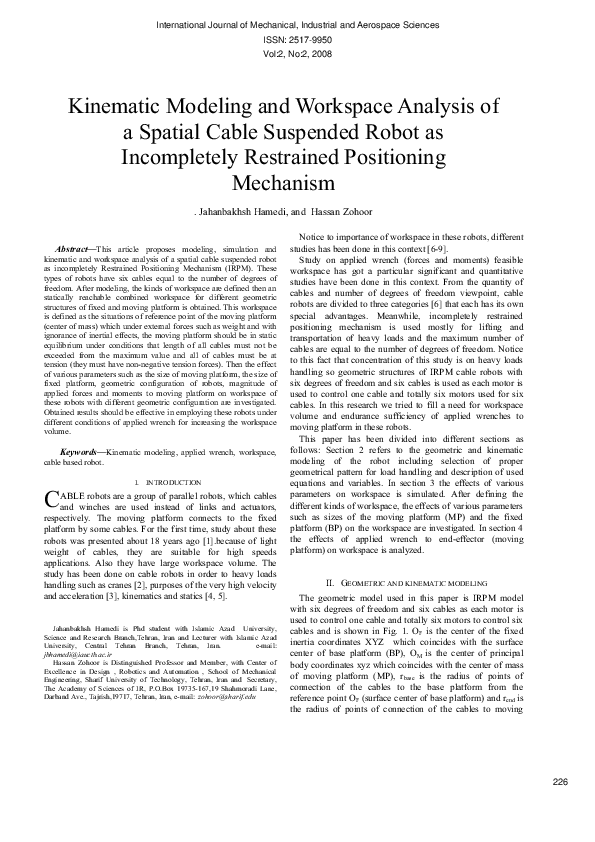 Pdf Kinematic Modeling And Workspace Analysis Of A Spatial Cable Suspended Robot As