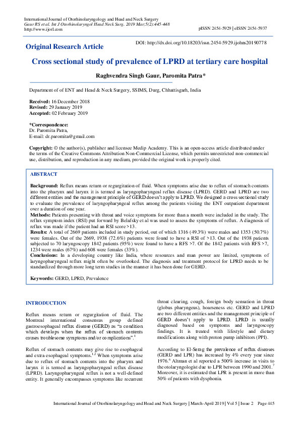 (PDF) Cross sectional study of prevalence of LPRD at tertiary care hospital