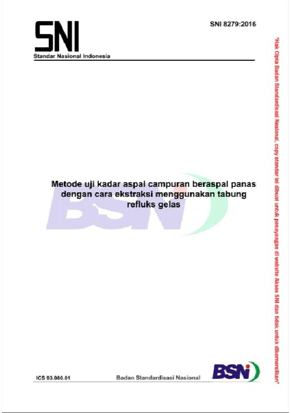 (PDF) SNI 8279-2016 Metode uji kadar aspal campuran beraspal panas dengan cara ekstrakis ...