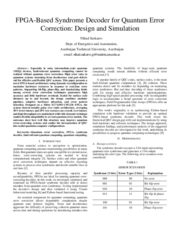 (PDF) FPGA-Based Syndrome Decoder for Quantum Error Correction: Design and Simulation
