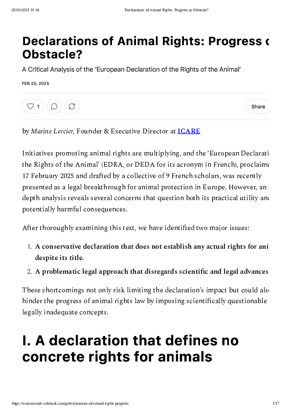 (PDF) Declarations of Animal Rights: Progress or Obstacle? A Critical ...